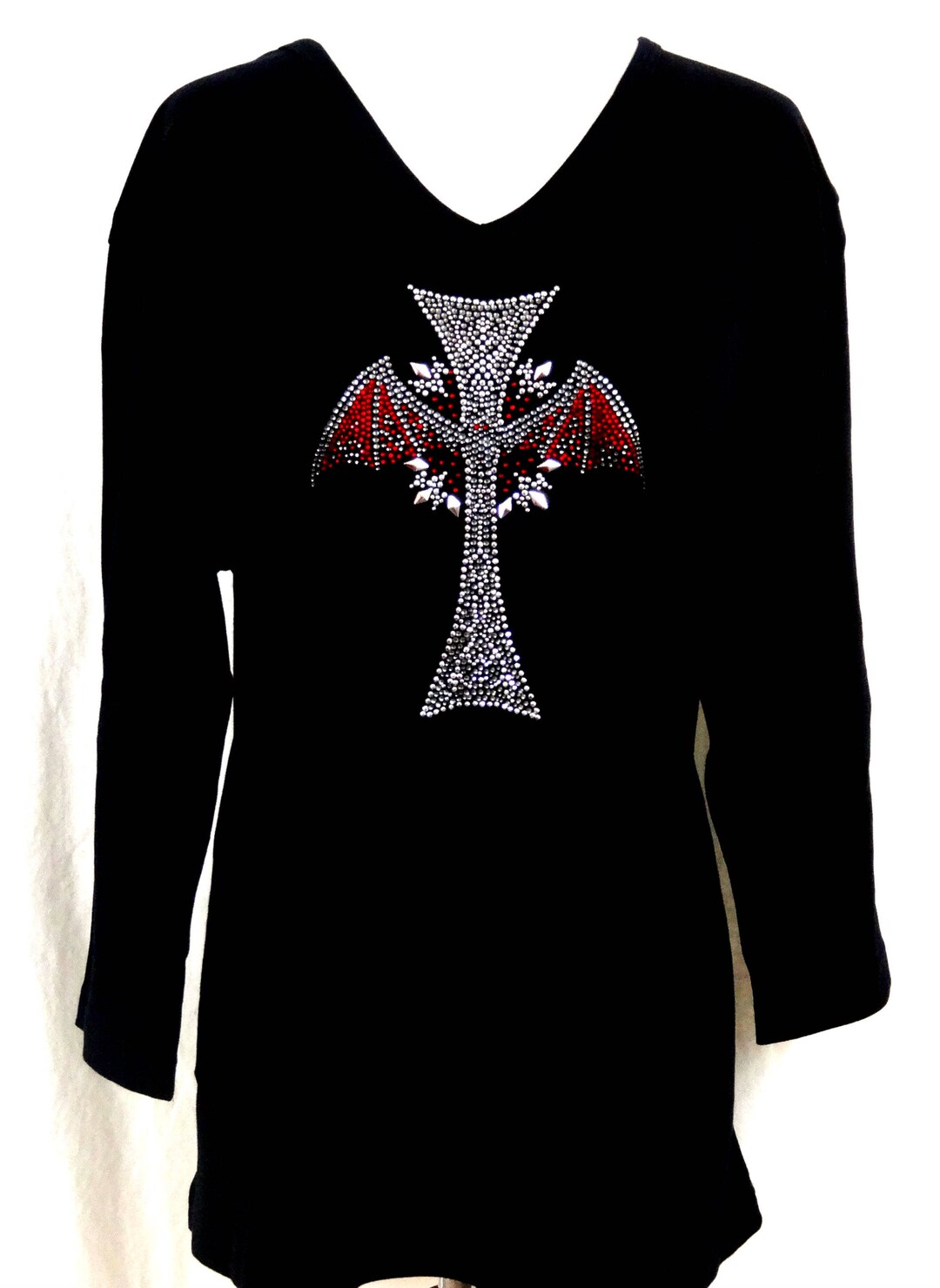 Hand Embellished Rhinestone Gothic Halloween Bat Wings Cross 3/4 Sleeve ...