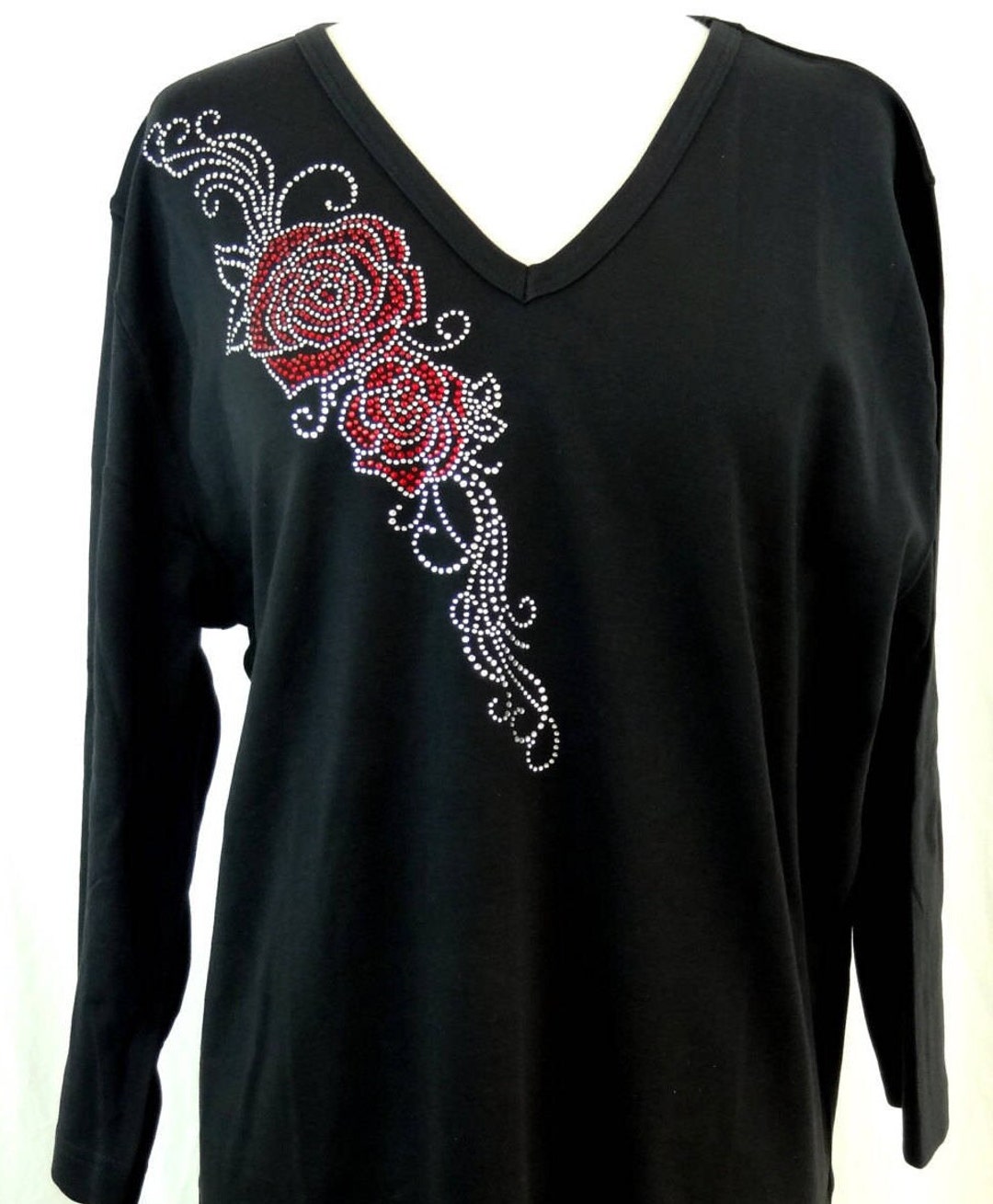 Embellished All Rhinestone Crystal Clear and Red Trailing Red Roses 3/4 ...