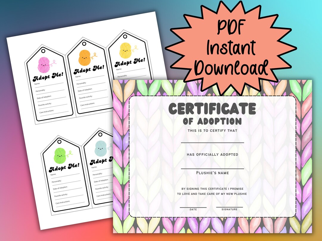 Plush Adoption Certificate & Tags: Craft Fair Printable (US Letter PDF ...