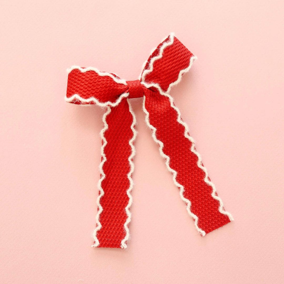 Long Tail Red Bow, Red Scallop Edge Ribbon Bow, Red Hair Bow, Ribbon ...