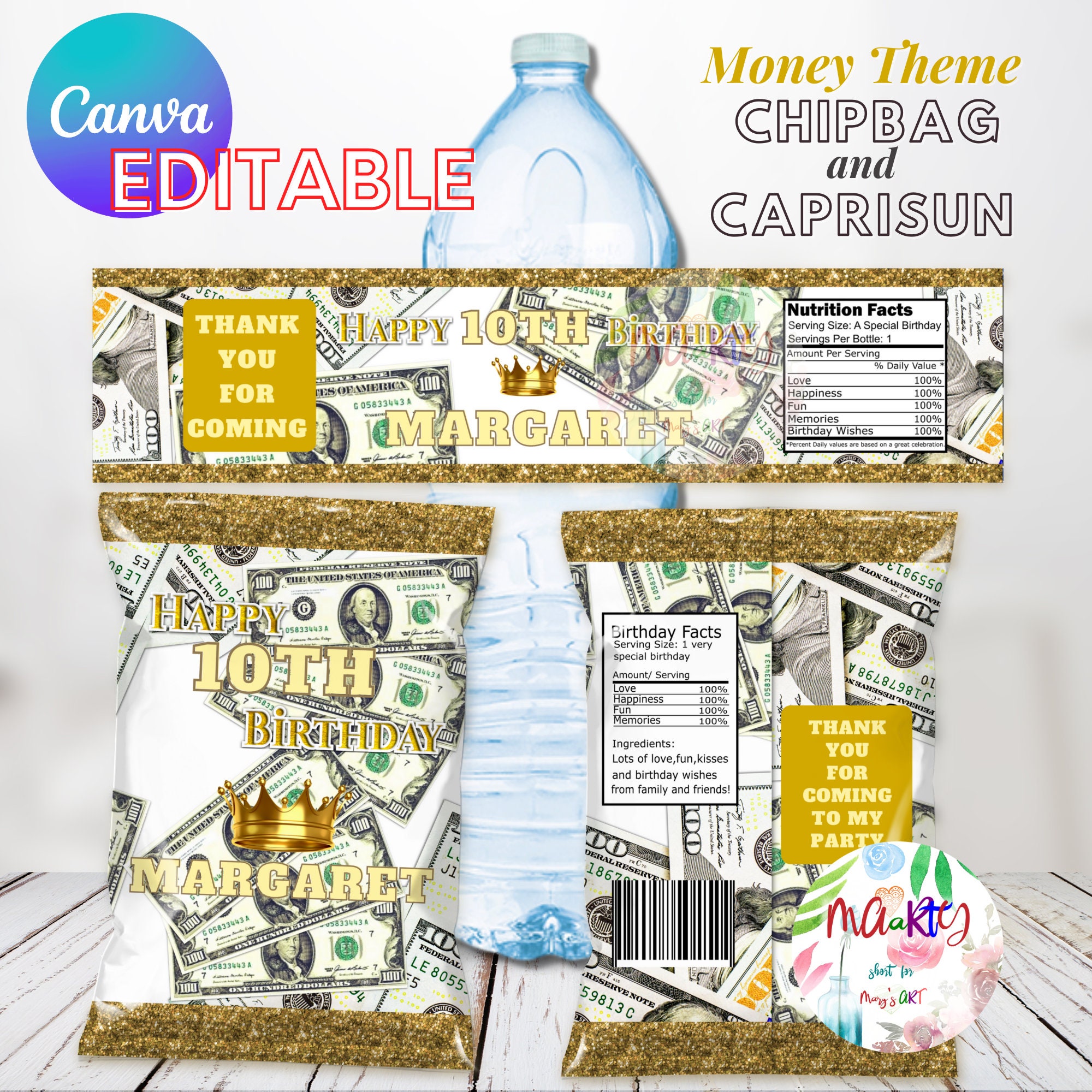 EDITABLE DIGITAL Money Theme Chip Bag and Capri Sun Wrappers Label ...