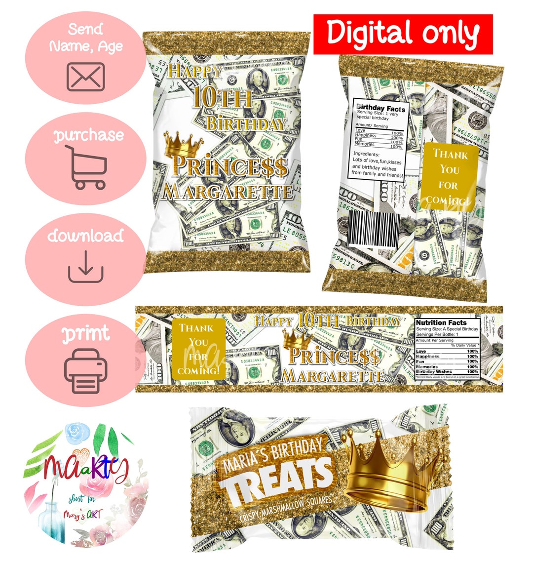 DIGITAL Download Money Theme Chip Bag Wrappers, Rice Krispies Trerats ...