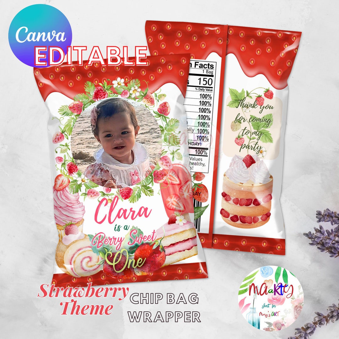EDITABLE DIGITAL Download Berry Sweet One Strawberry Theme Chip Bag ...