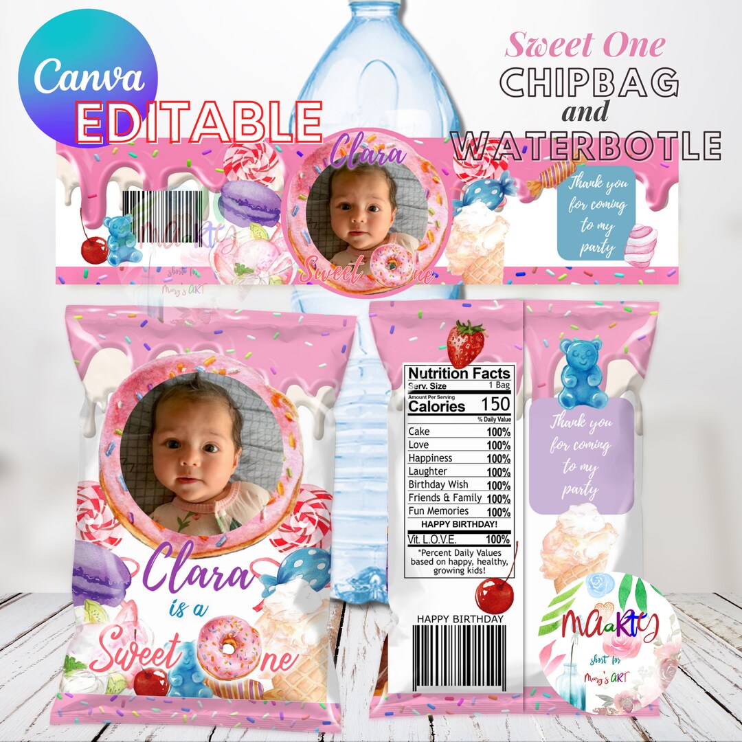 EDITABLE DIGITAL Download Sweets/doughnut Theme Chip Bag and Water ...