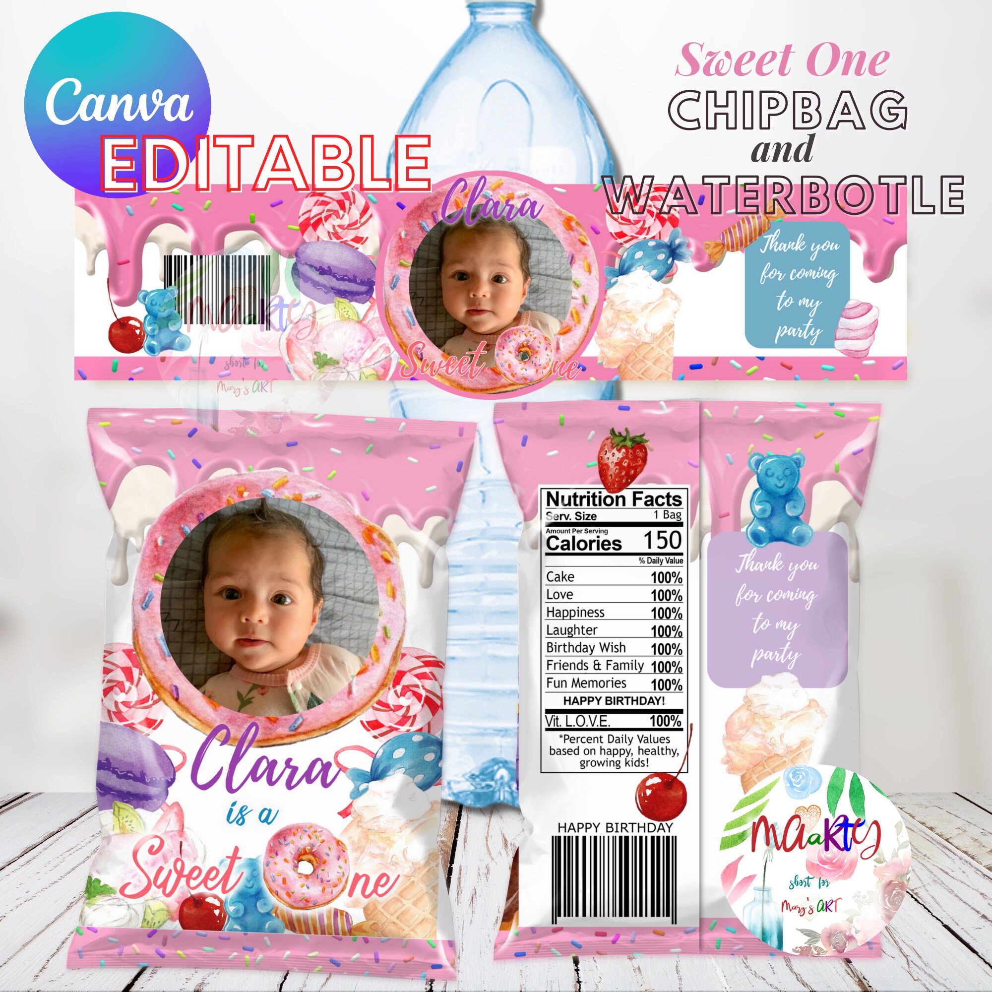 EDITABLE DIGITAL Download Sweets/doughnut Theme Chip Bag and Water ...