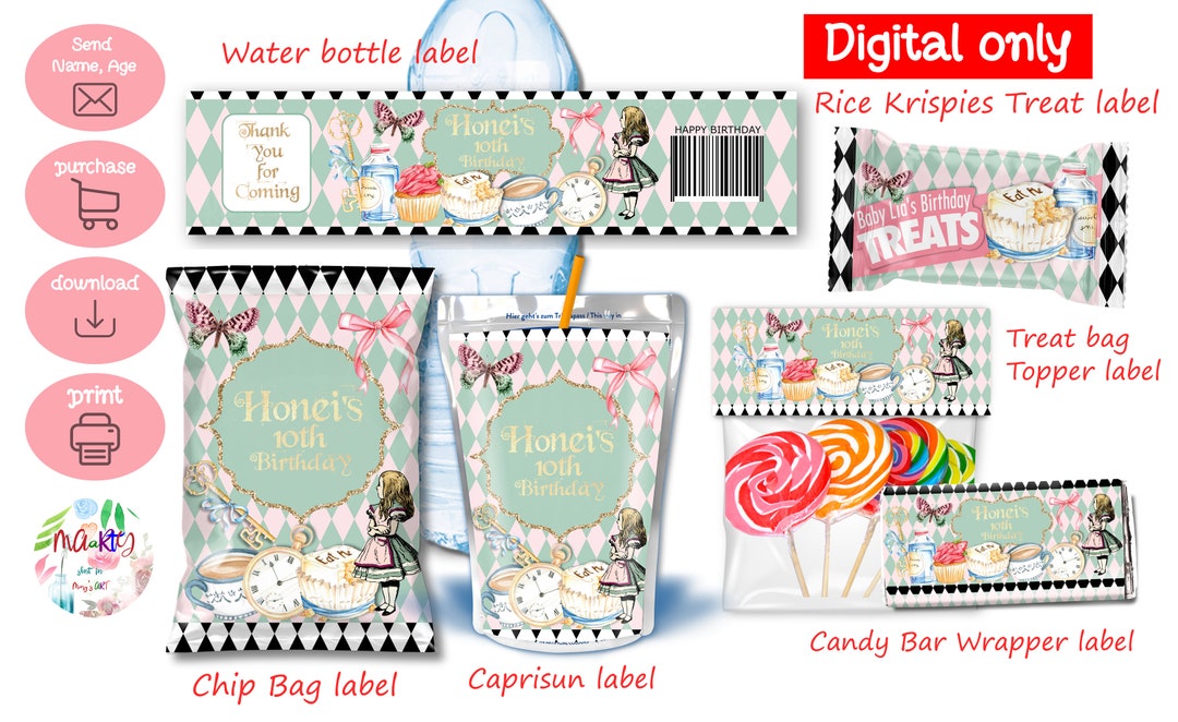 DIGITAL Download Alice in Wonderland Party Theme BUNDLE Labels ...
