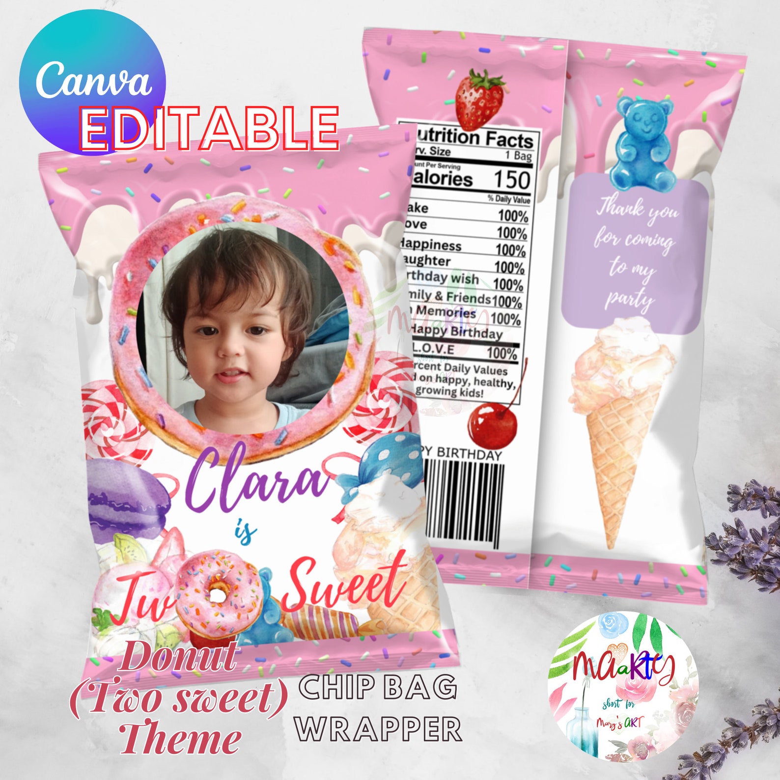 EDITABLE DIGITAL Download Two Sweet Doughnut Theme Chip Bag Wrappers ...