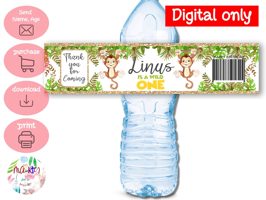 DIGITAL Download Wild One, Monkey Theme Party Water Bottle Label ...