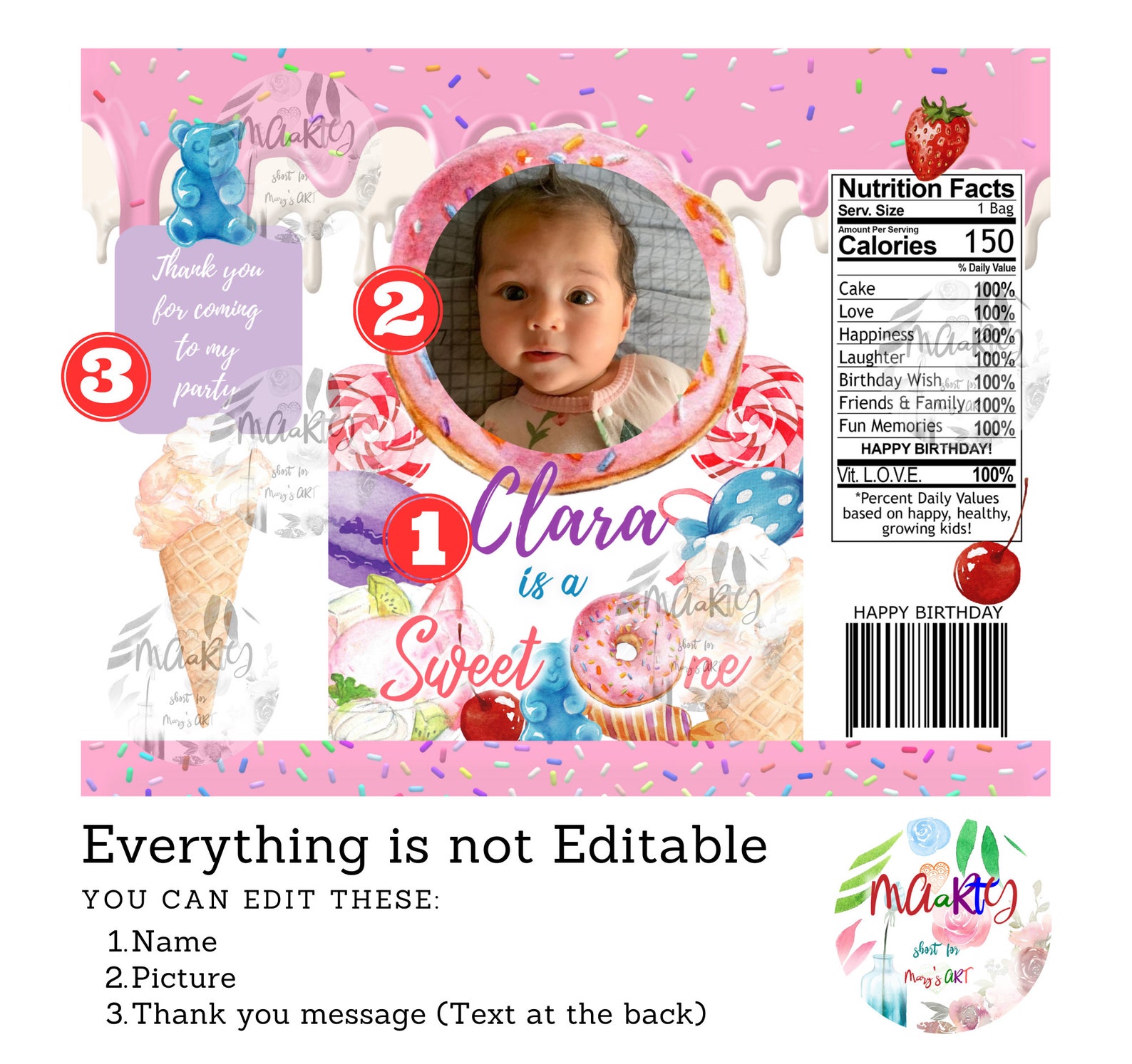 EDITABLE DIGITAL Download Sweets/doughnut Theme Chip Bag and Water ...