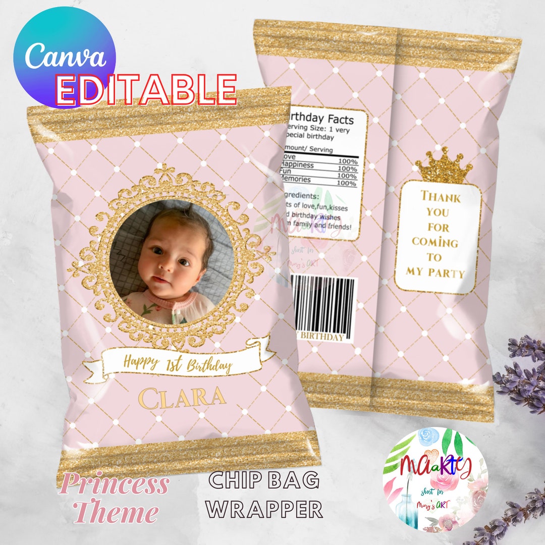 EDITABLE DIGITAL Download Pink Princess Theme Chip Bag Wrappers ...
