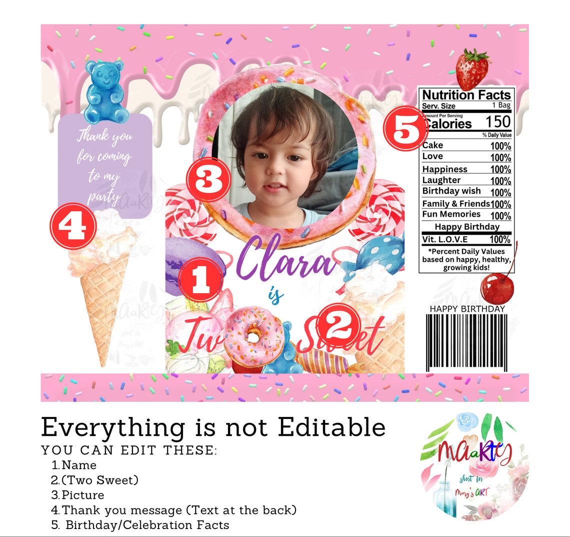 EDITABLE DIGITAL Download Two Sweet Doughnut Theme Chip Bag Wrappers ...