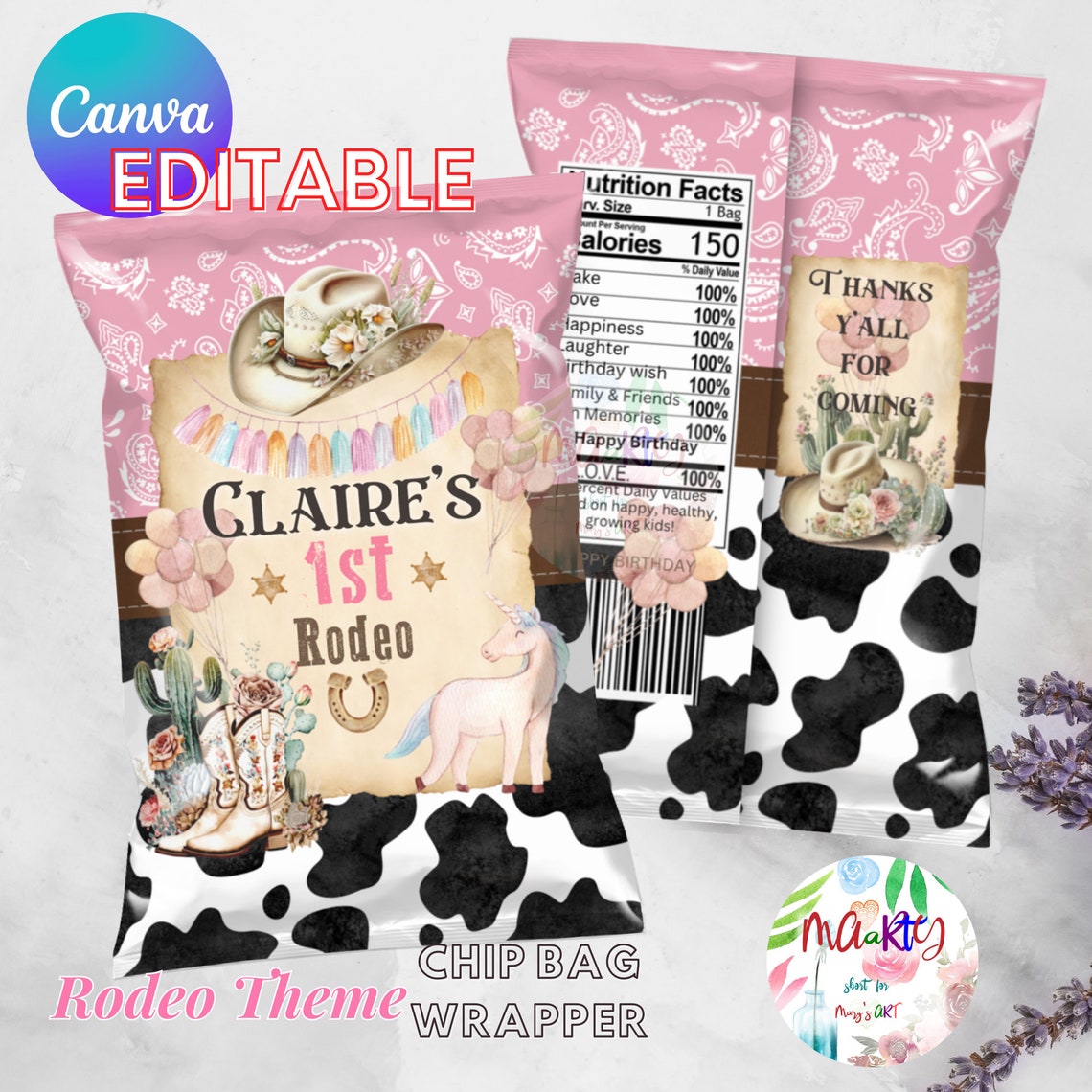 EDITABLE DIGITAL Download Pink Rodeo Themed Chip Bag Wrappers Labels ...