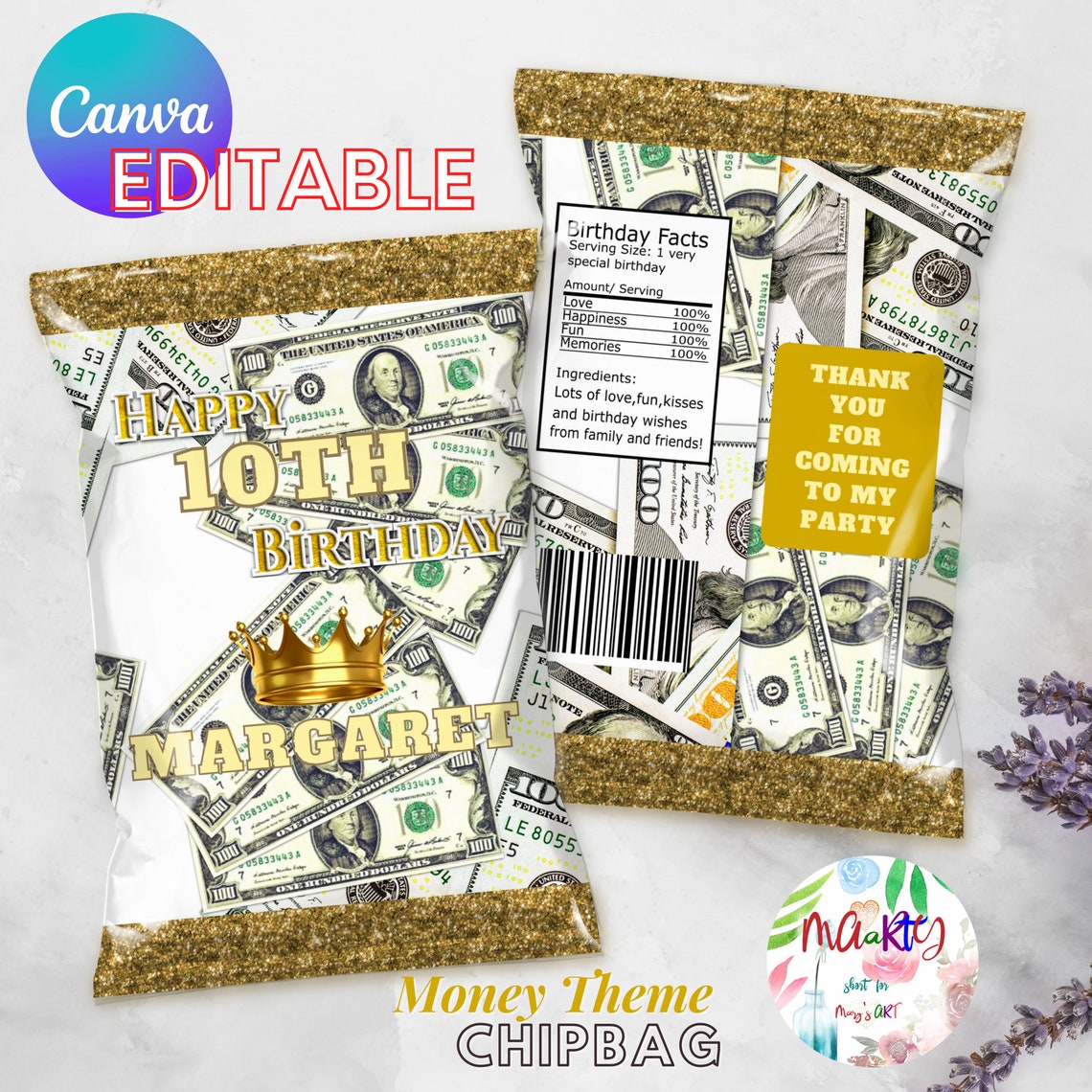 EDITABLE DIGITAL Money Theme Chip Bag Wrappers Label Printable - Etsy
