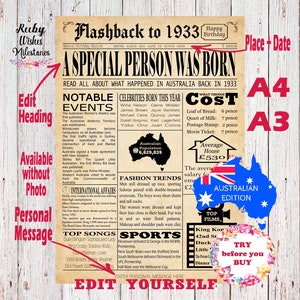 EDITABLE Birthday 1933 Newspaper Front Page Printable Poster Australian ...