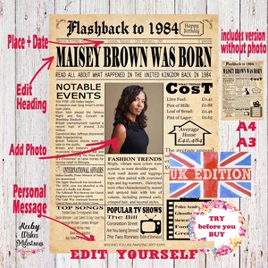 EDITABLE 1984 Birthday Newspaper Front Page Poster A4 and A3 - UK ...