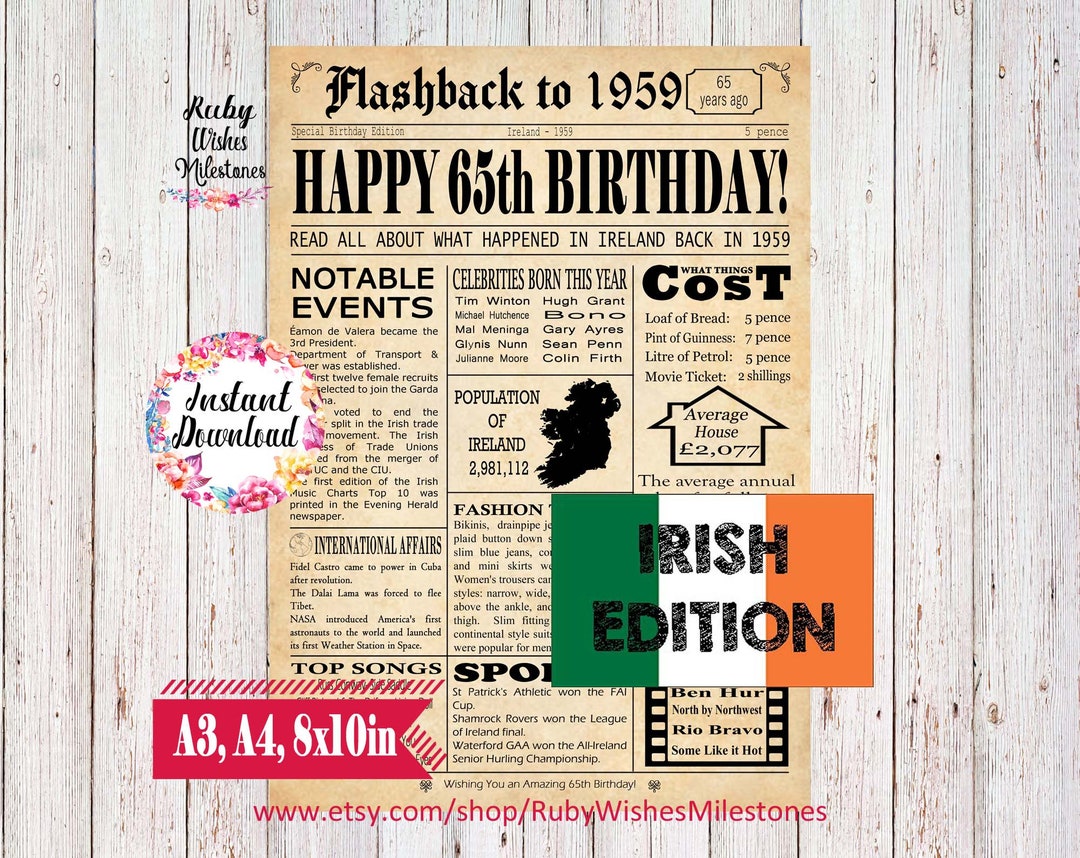 Instant Download 65th Birthday 1959 Newspaper Front Page Printable ...