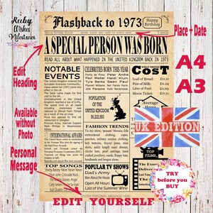 EDITABLE 1973 Birthday Newspaper Front Page News Printable Poster - UK ...