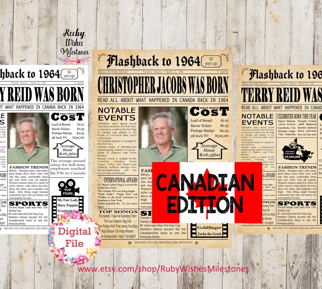 Personalized 60th Birthday 1964 Canadian Newspaper Front Page Printable ...