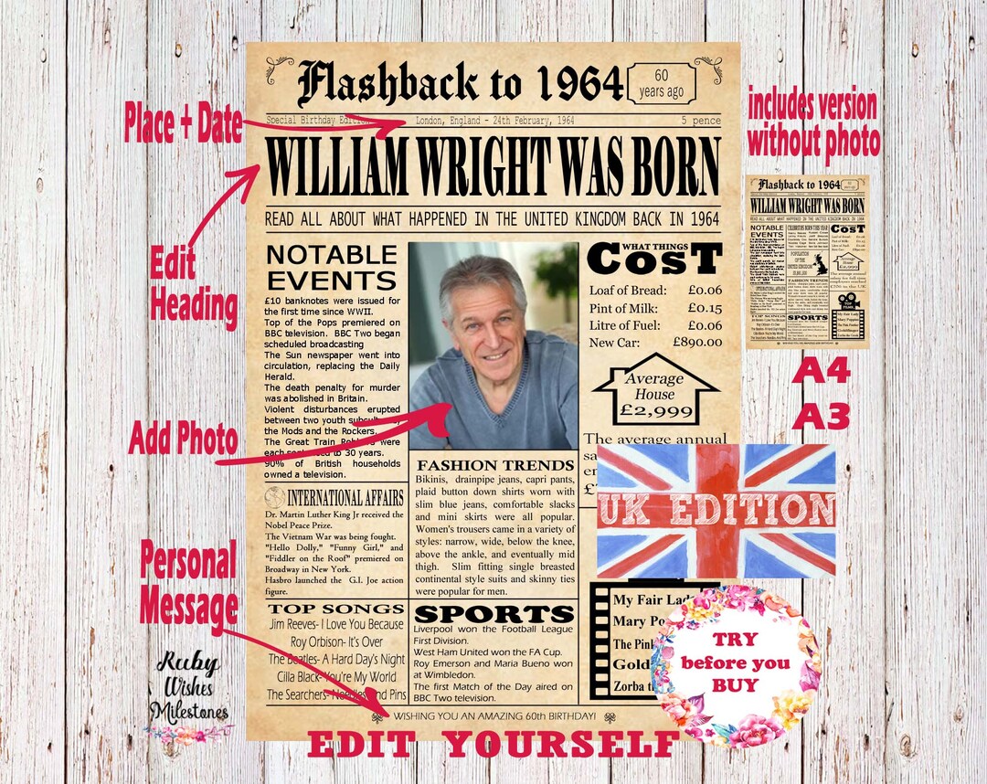EDITABLE 1964 60th Birthday British Newspaper Front Page Printable Sign. UK Born in UK. Edit ...