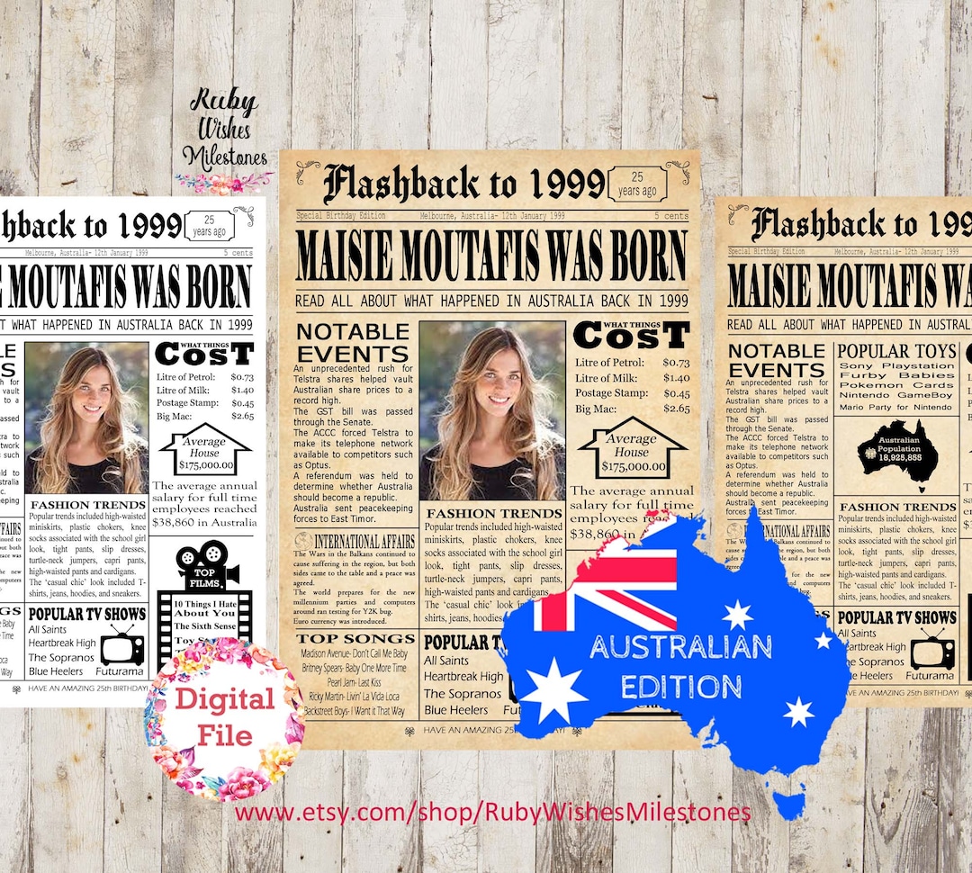Personalised 25th Birthday 1999 Australian Newspaper Front Page ...
