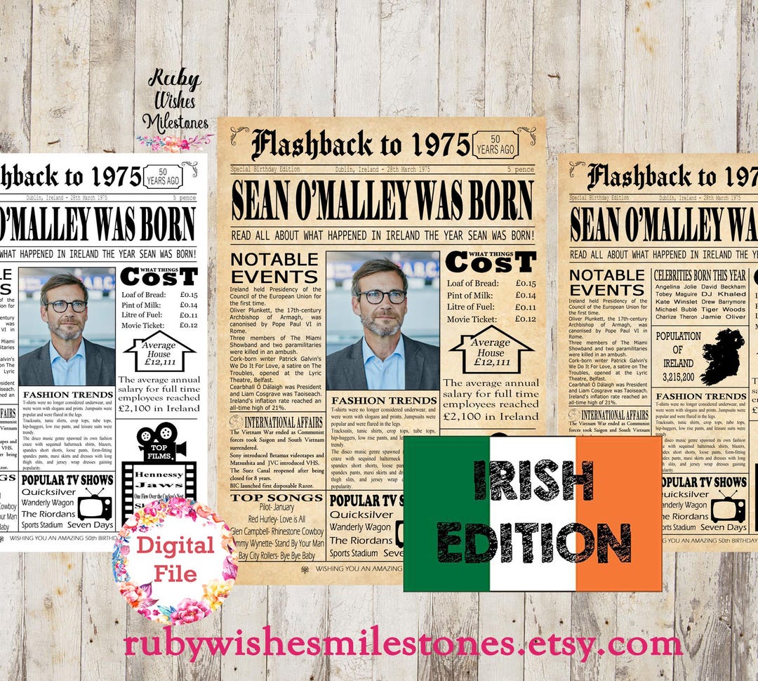 Personalised 50th Birthday 1975 Irish Newspaper Front Page News ...