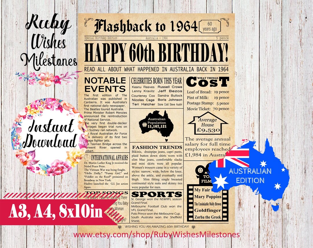 Instant Download 60th Birthday 1964 Australian Newspaper Front Page ...