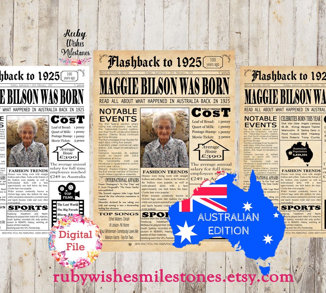 Personalised 1925 Australian Newspaper Poster Sign Flashback Facts and ...