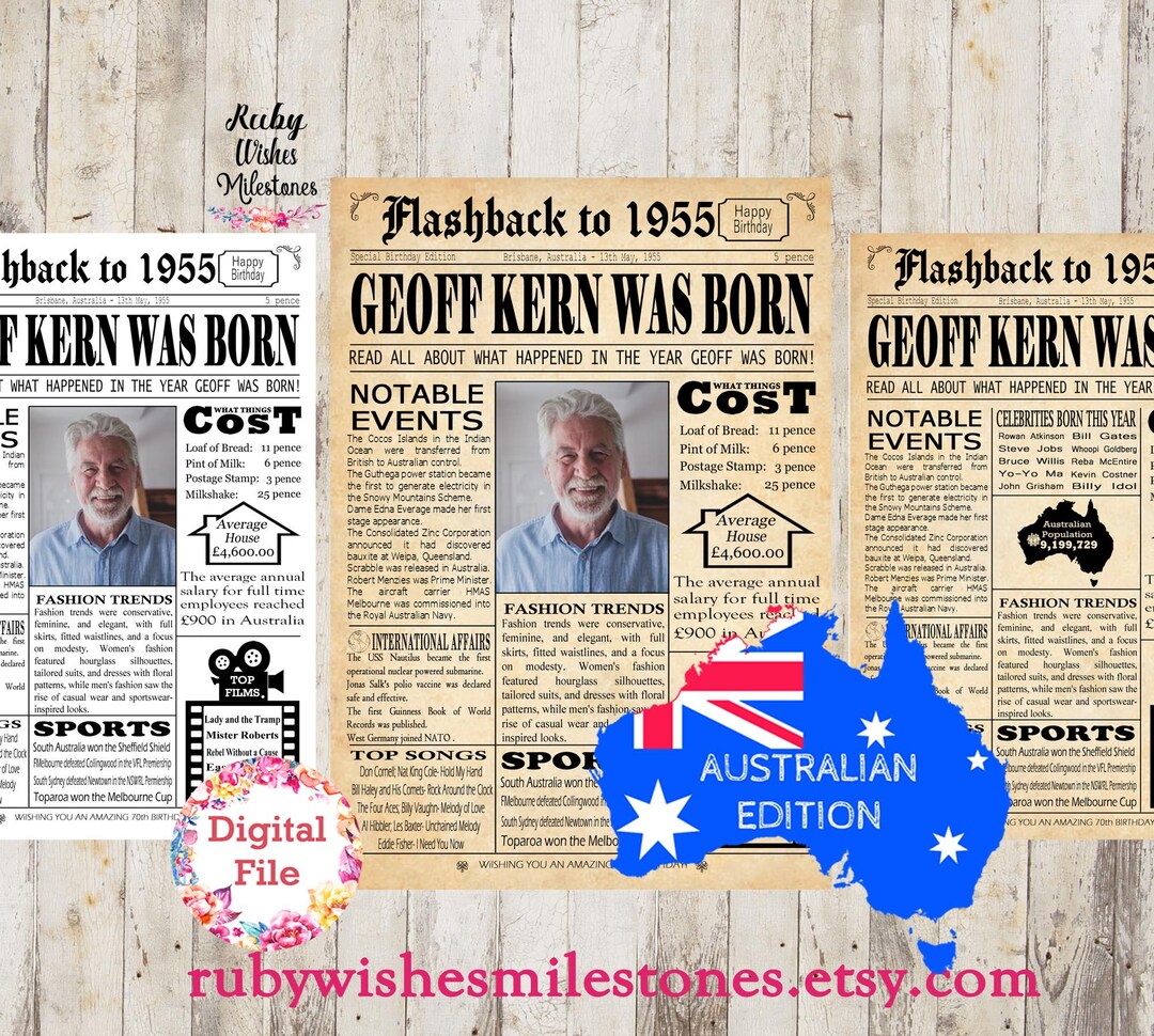 Personalised 70th Birthday 1955 Australian Newspaper Front Page ...