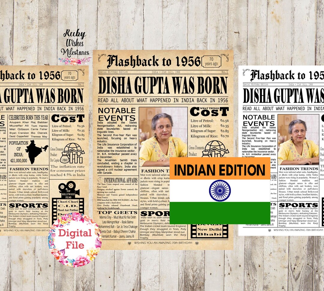 Personalised 70th Birthday Indian Newspaper 1956 Printable • Born in ...