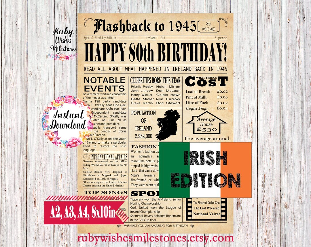80th Birthday 1945 Ireland Newspaper Poster - Irish Edition (digital ...