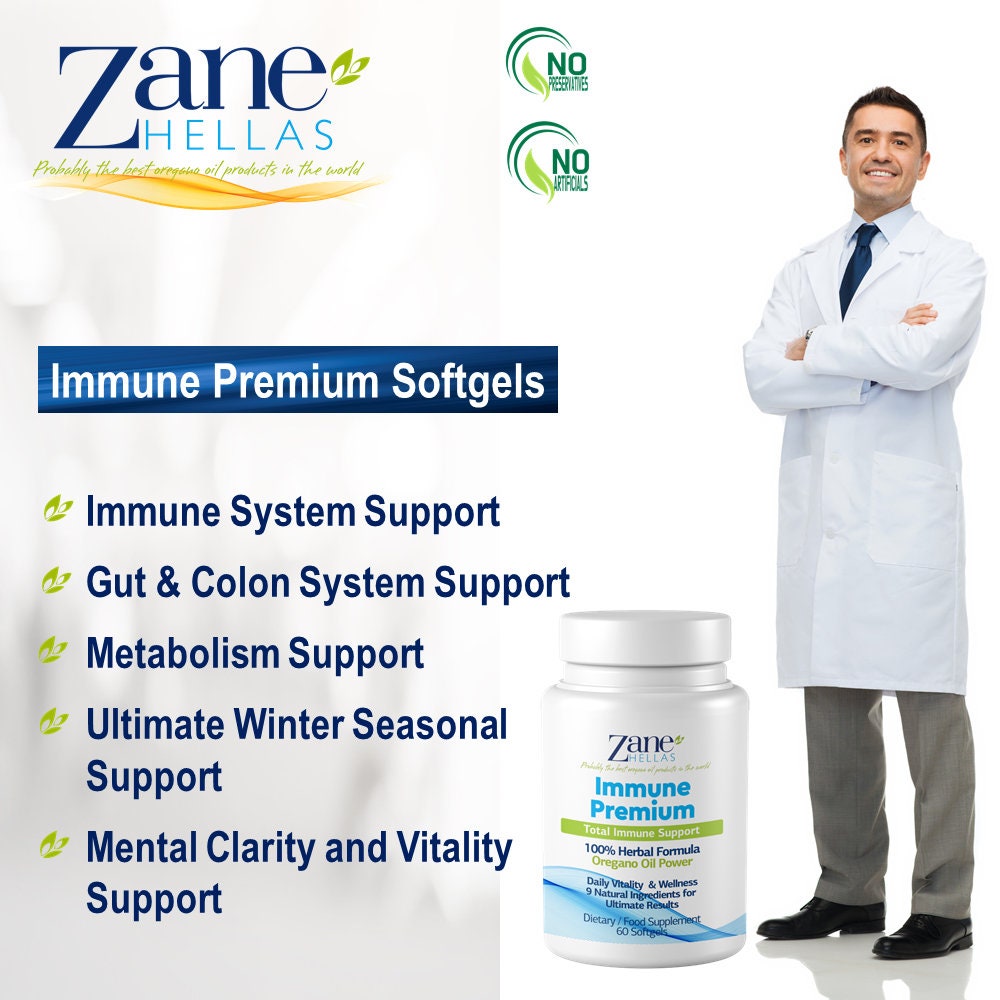 Zane Hellas Immune Premium Softgels. 100% Natural Formula. Multiple Defense System. 60 Softgels ...