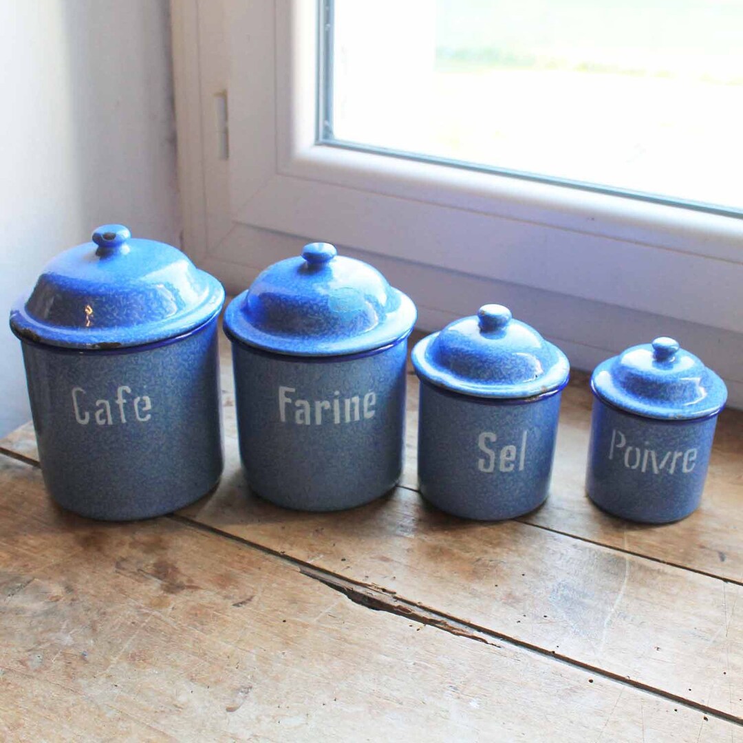 French Vintage Enamel Canisters Light Blue / 1930s Canisters Set of 4 ...