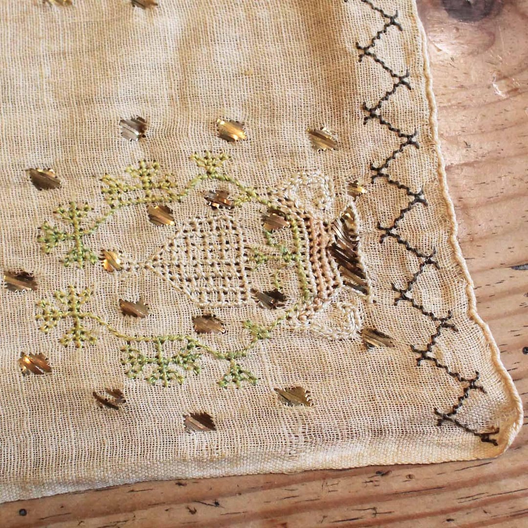 Antique French Cotton Scarf With Gold Thread Hand Embroidery Dating ...