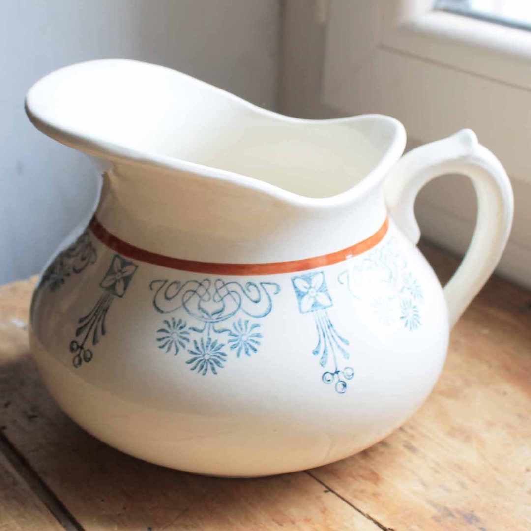 Art Nouveau French Ironstone Creamware Pitcher /vintage Water Jag Terre ...