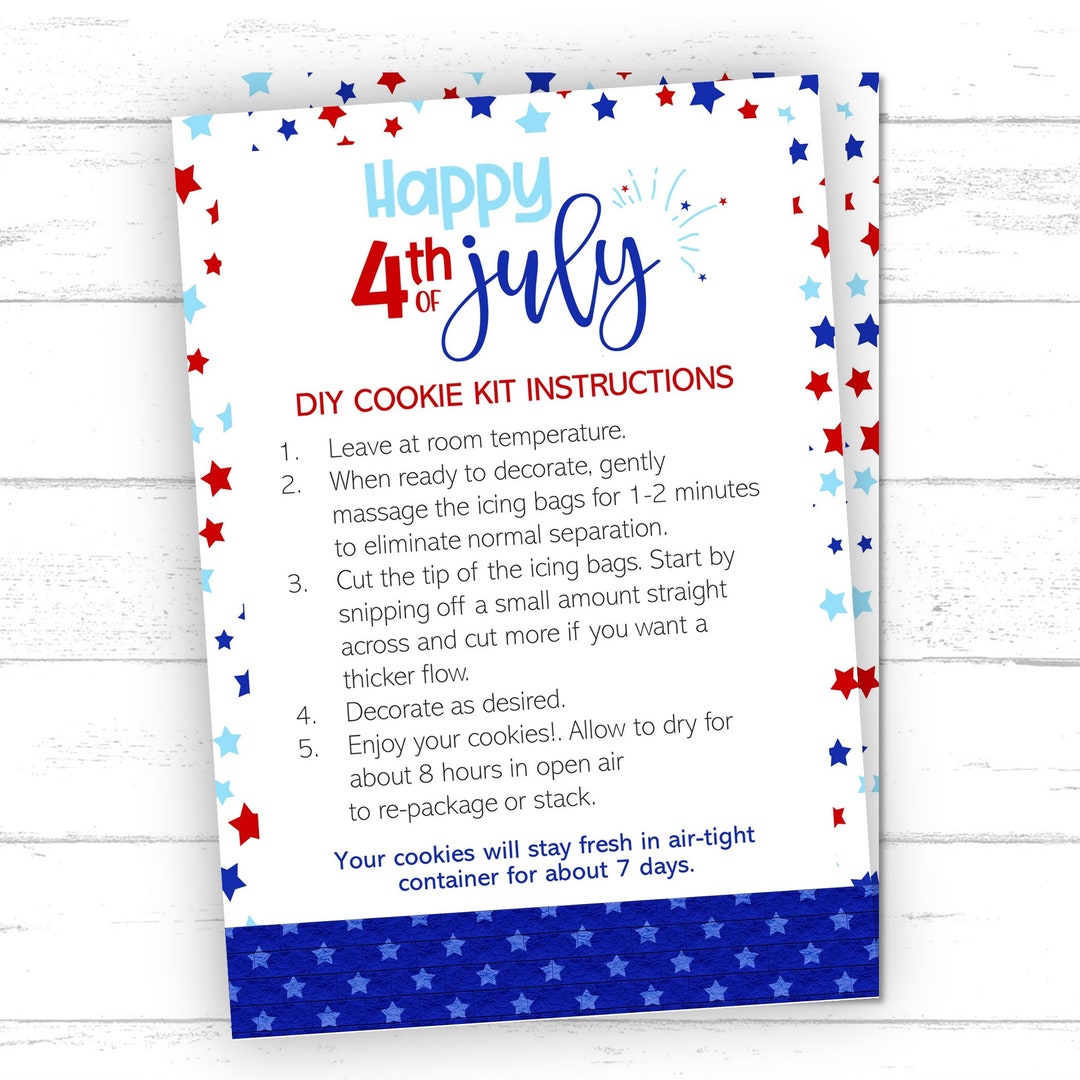 Printable Happy 4th of July DIY Cookie Kit Instruction Cards, Happy 4th ...