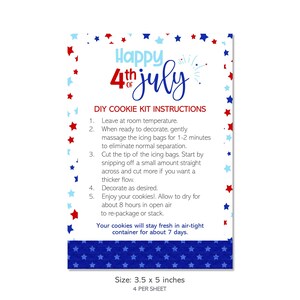 Printable Happy 4th of July DIY Cookie Kit Instruction Cards, Happy 4th ...