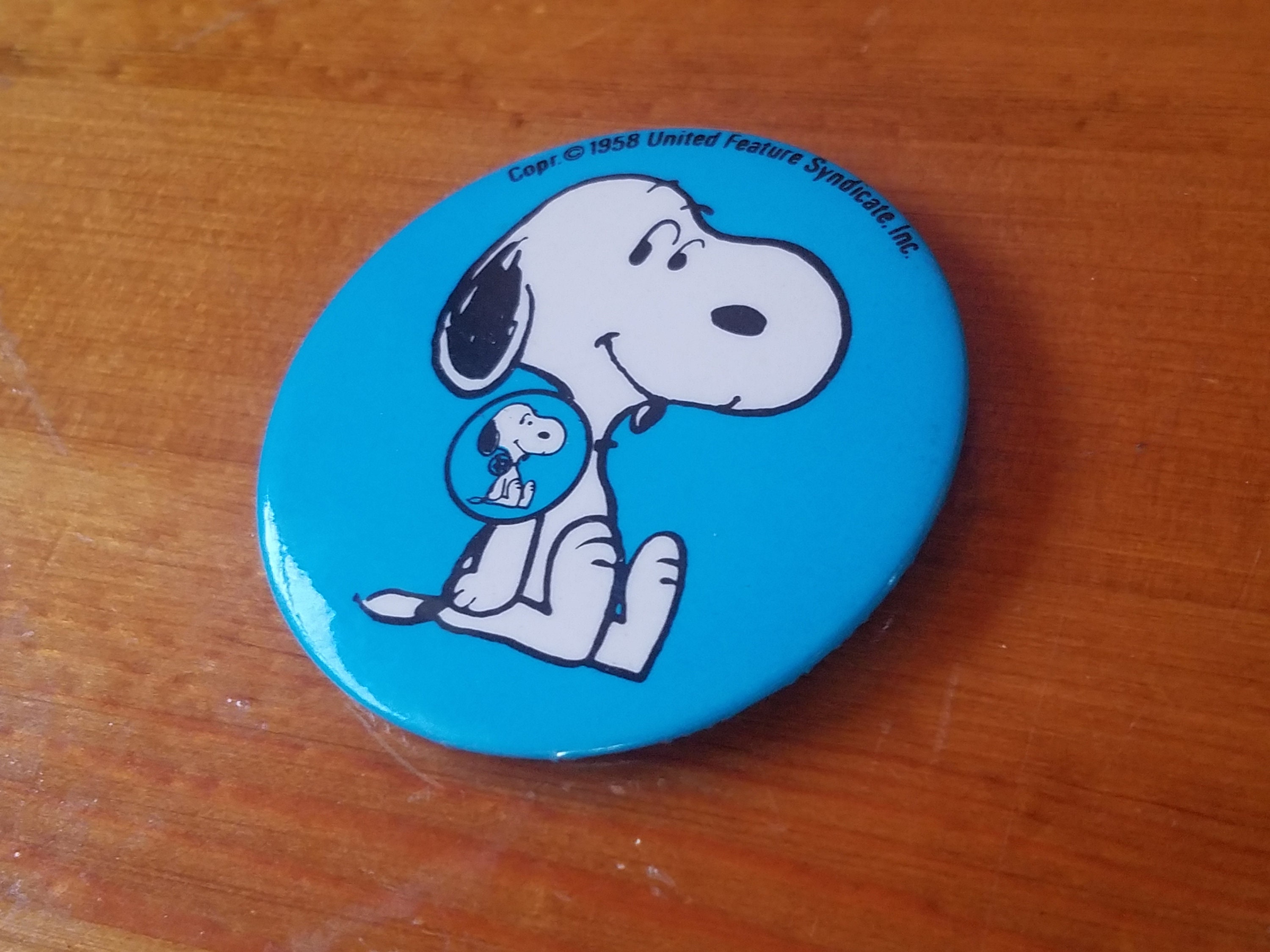 Vintage 1950's Peanuts Snoopy Charlie Brown Blue 1958 Button Accessory Brooch Pin 1958 United ...