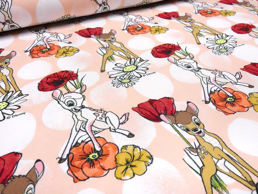 Fabric Cotton Jersey With Disney Bambi Fawn Dots Design Apricot White ...
