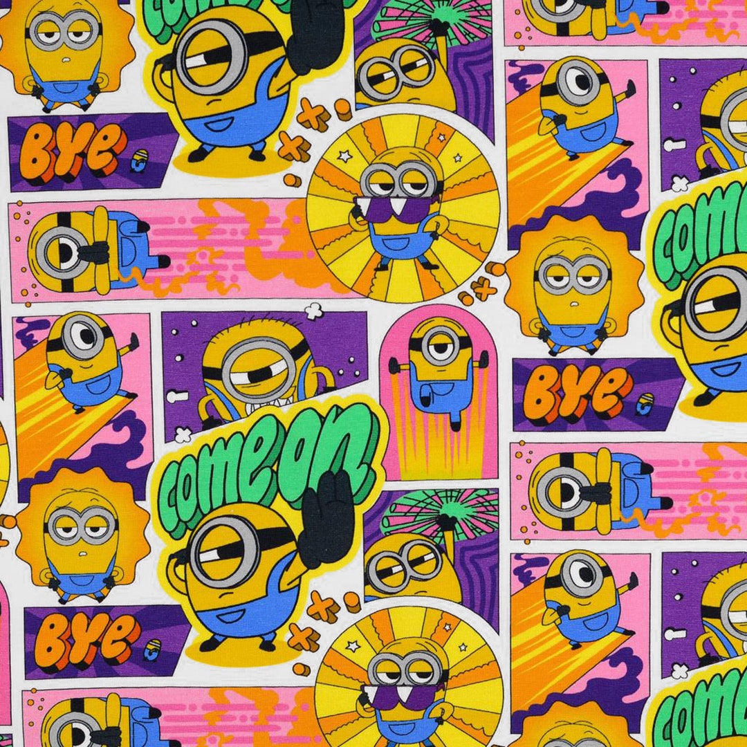 Stoff Baumwolle Jersey Minions Comic Design gelb rosa weiß blau grün ...