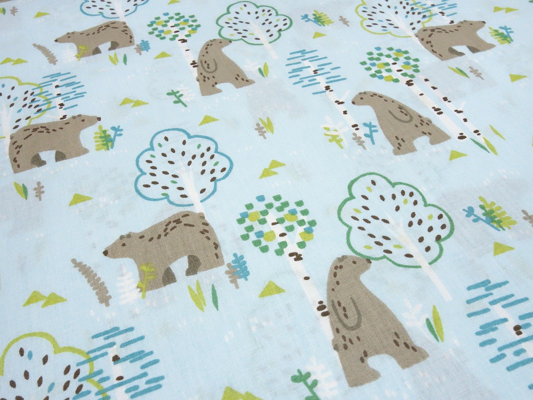 Fabric Cotton Poplin With Bears Trees Design Light Blue Brown Green ...