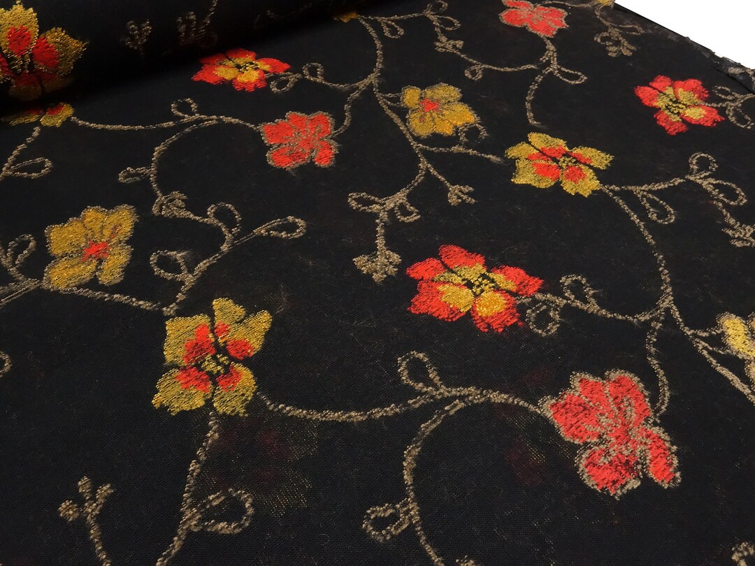 Fabric Cotton Light Fine Jersey With Intarsia Flowers Tendrils Black ...