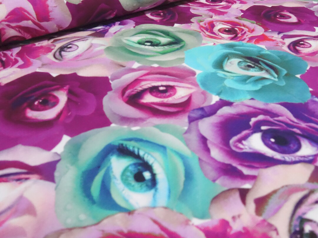 Stoff Baumwolle Jersey mit Rosen Blumen Augen Design pink rosa grün ...