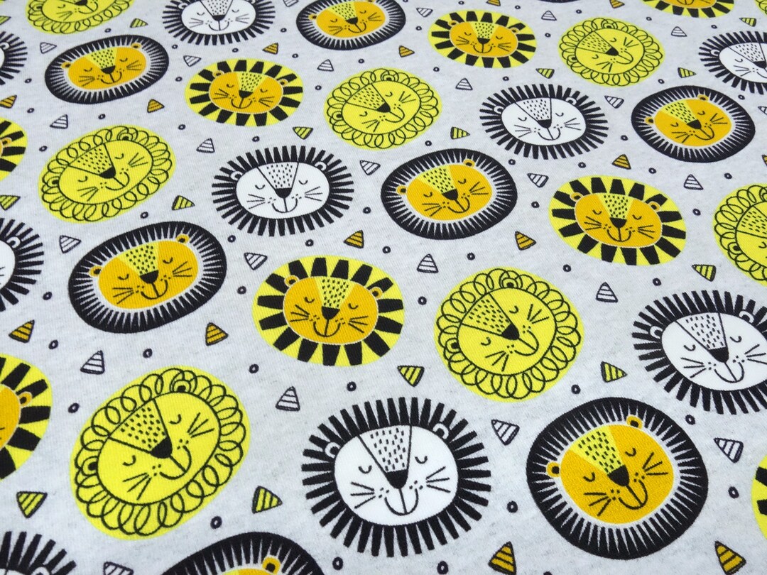 Fabric Cotton Jersey Lions Lion Heads Grey Orange Yellow Black Children ...