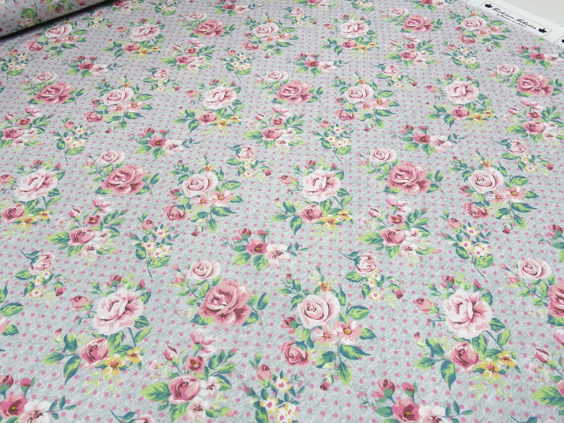 Fabric Cotton Jersey Flowers Roses Dotted Grey Pink Green - Etsy