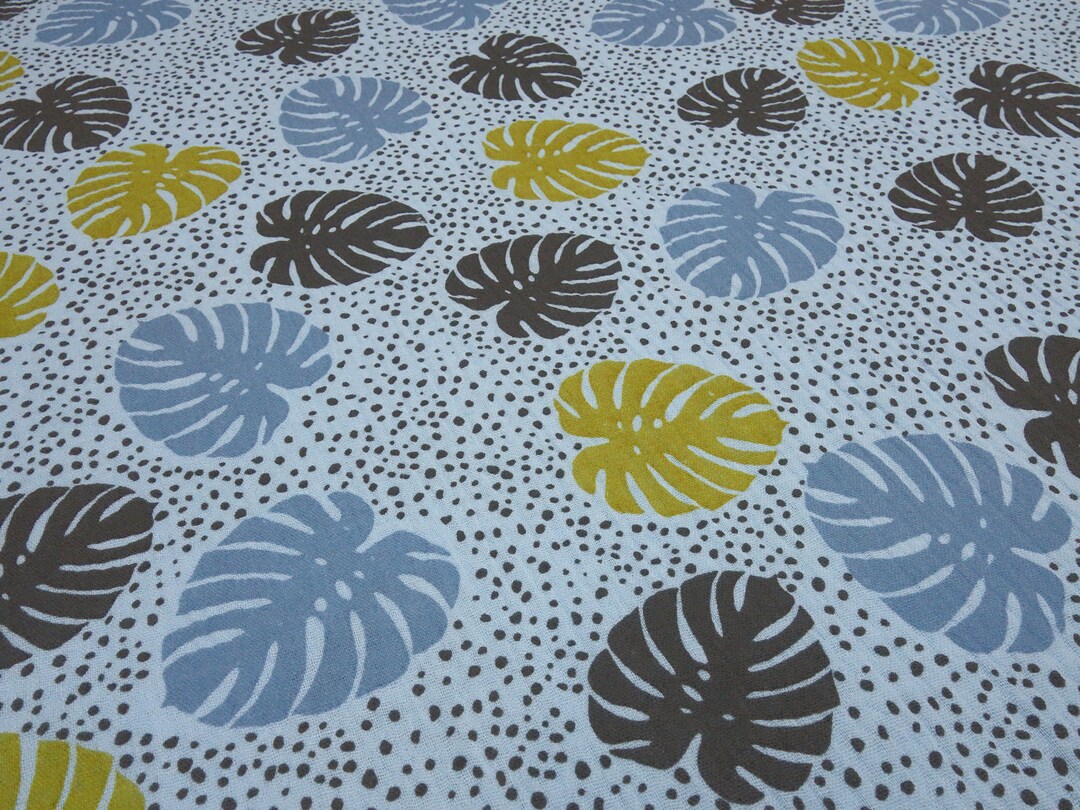 Fabric Cotton Muslin Double Gauze Leaves Blue Kiwi Gray Blouse Fabric ...