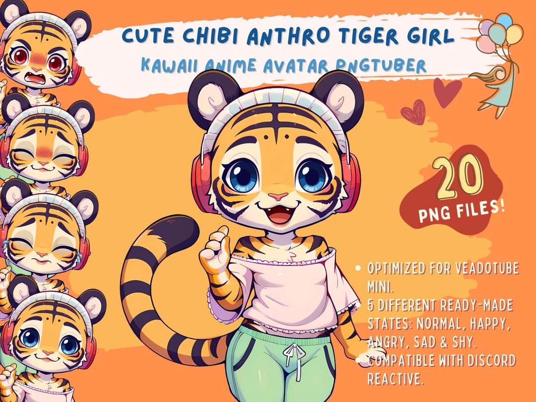 Cute Chibi Anime Anthro Gamer Tiger Girl in Comfy Sweatpants Pngtuber ...