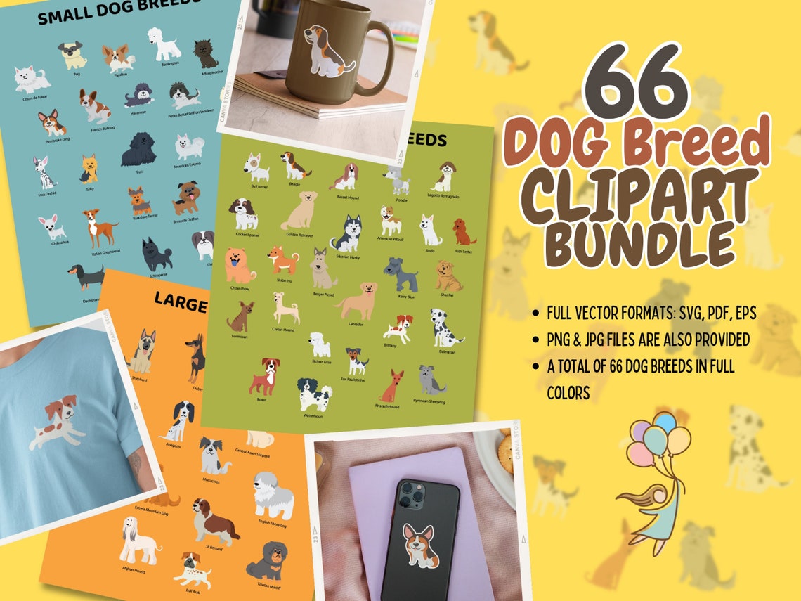 66 Cute Vector Dogs Bundle SVG, Playful Dog Breeds, Funny Dogs Clipart ...