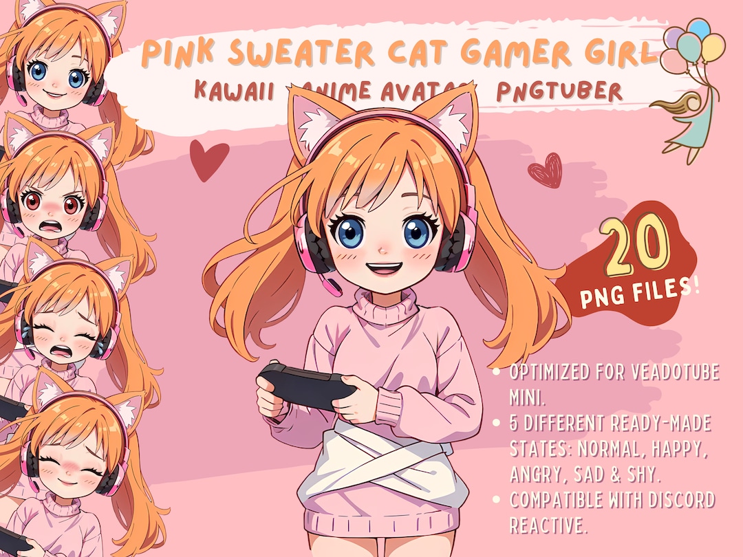 Cute Pink Sweater Cat Gamer Girl Pngtuber Kawaii Avatar for Streaming ...