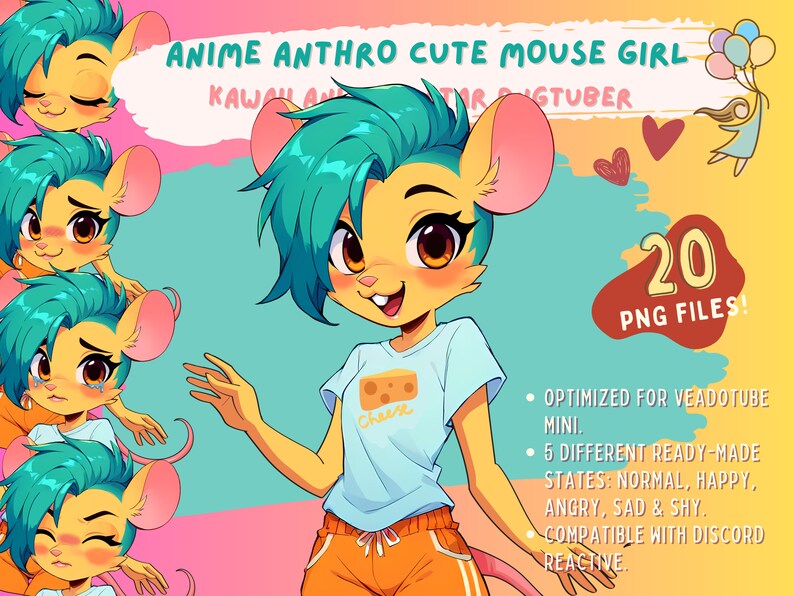 Cartoon Anime Anthro Cute Mouse Girl in Cozy Shirt Pngtuber | Kawaii ...