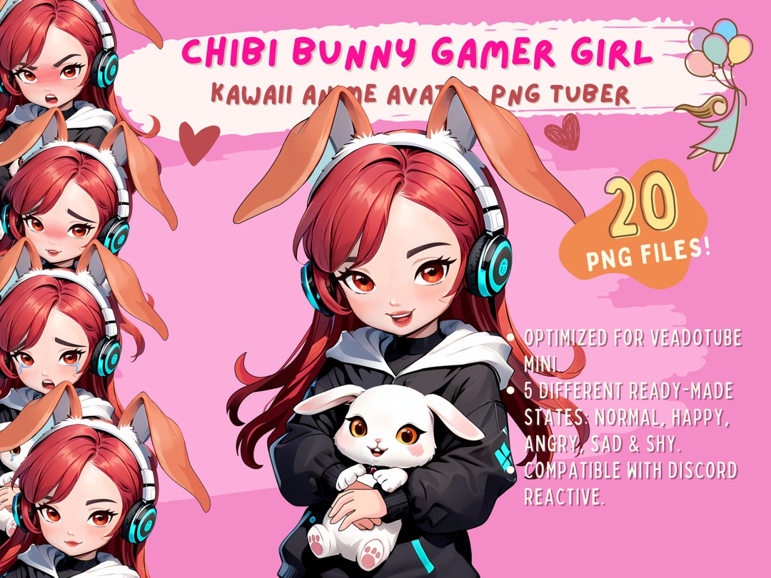 Anime Chibi Bunny Gamer Girl PNGTuber Kawaii Rabbit Gaming VTuber ...
